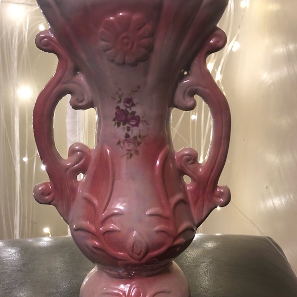 Accents | Vintage Lustreware Pink Vase W Purple Flowers | Poshmark